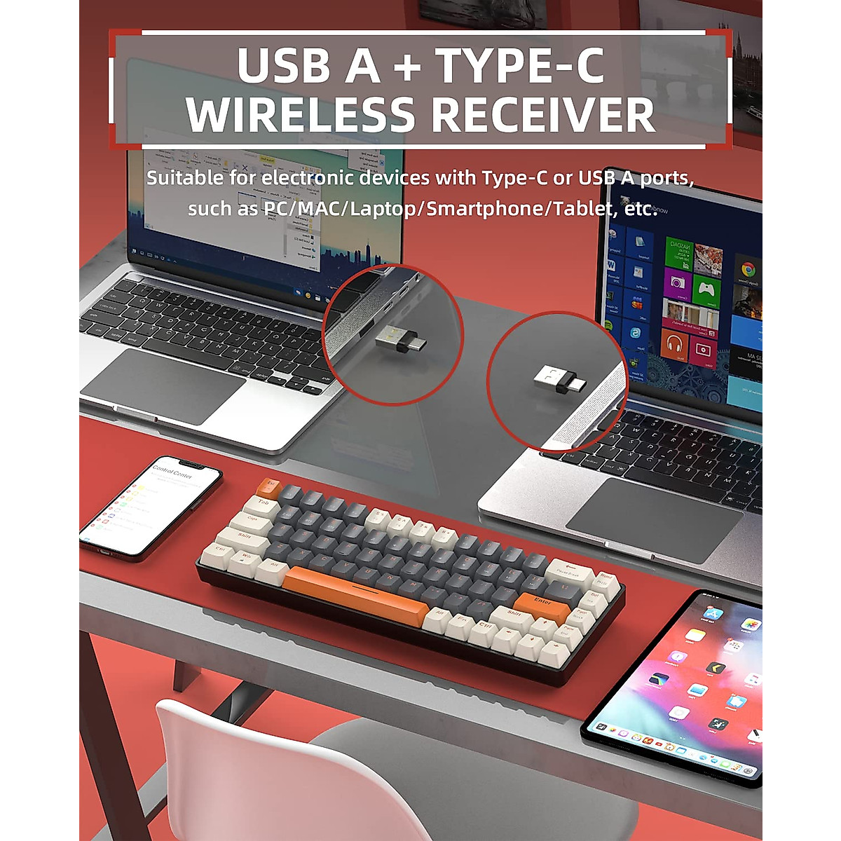 ZIYOU LANG RK68 60% Wireless Mechanical Keyboard,Bluetooth 5.0/2.4Ghz Dual Mode Receiver,Hot-Swappable mini 68-Key,Retro Color Keycaps,Clicky Blue Switch,Ultra Power Saving for PC PS4 Xbox iPhone ipad