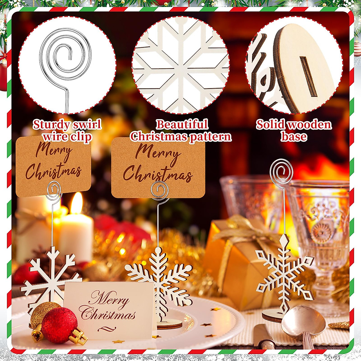 Funnymoom 20 Pcs Christmas Wood Place Card Holders Stand Display and 20 Pcs Kraft Place Cards Santa Snowman Elk Star Number Name Photo Picture Clip Holder for Xmas Party Table Decoration (Snowflake)