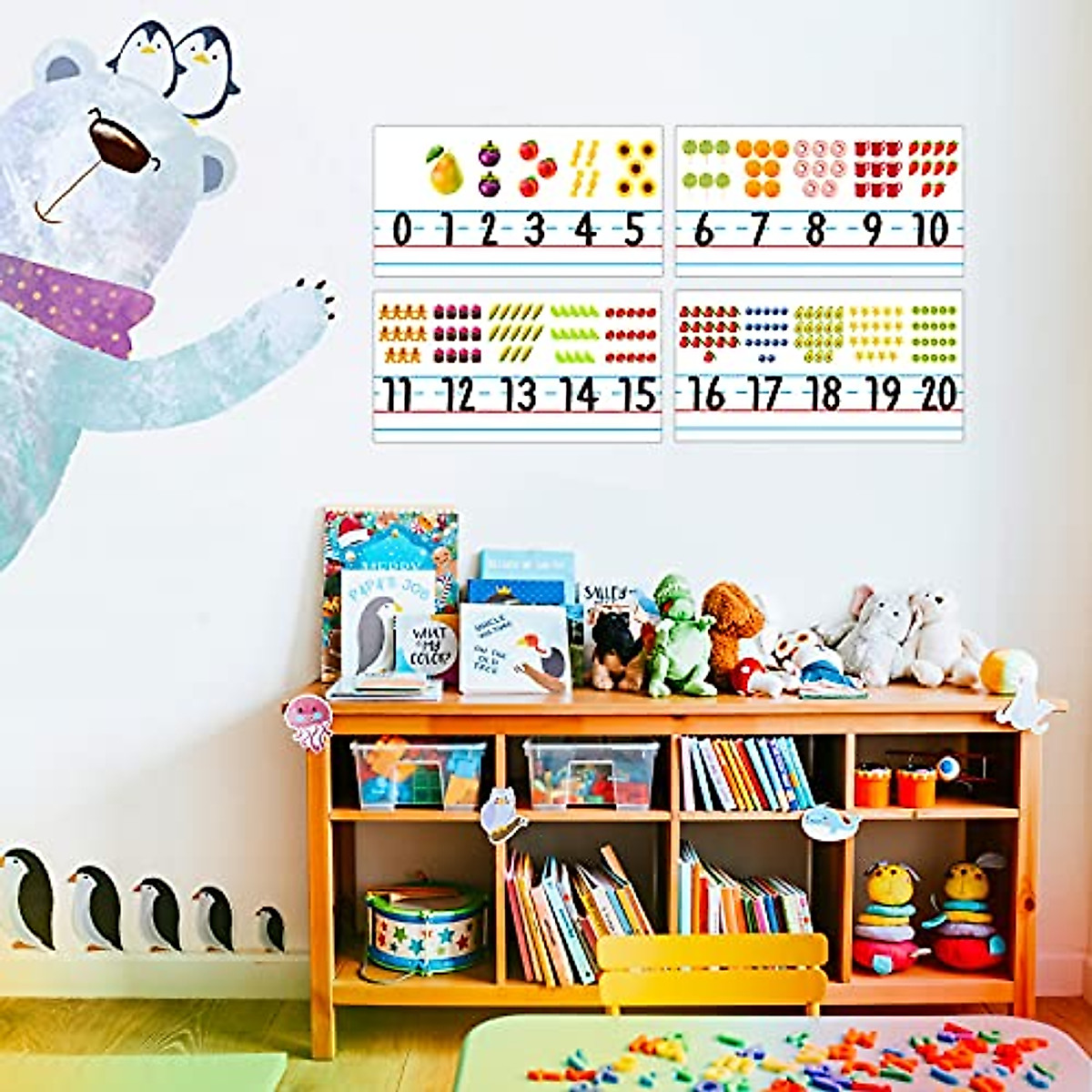 Cholemy Alphabet and Numbers Bulletin Board Strips Set Alphabet Number Wall Classroom Decoration Animal ABC Number 1-20 Line Wall Poster with Adhesive Dots for Playroom Bedroom Nursery Room Decoration