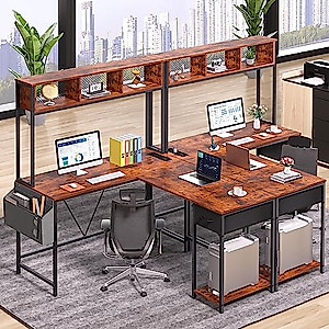 Yoobure L Shaped Desk with Power Outlet, Reversible L Shaped Computer Desk with Storage Shelf and Drawer, Corner Desk with Storage Bag, 2 Person Home Office Desk, Industrial Gaming Desk with USB Ports