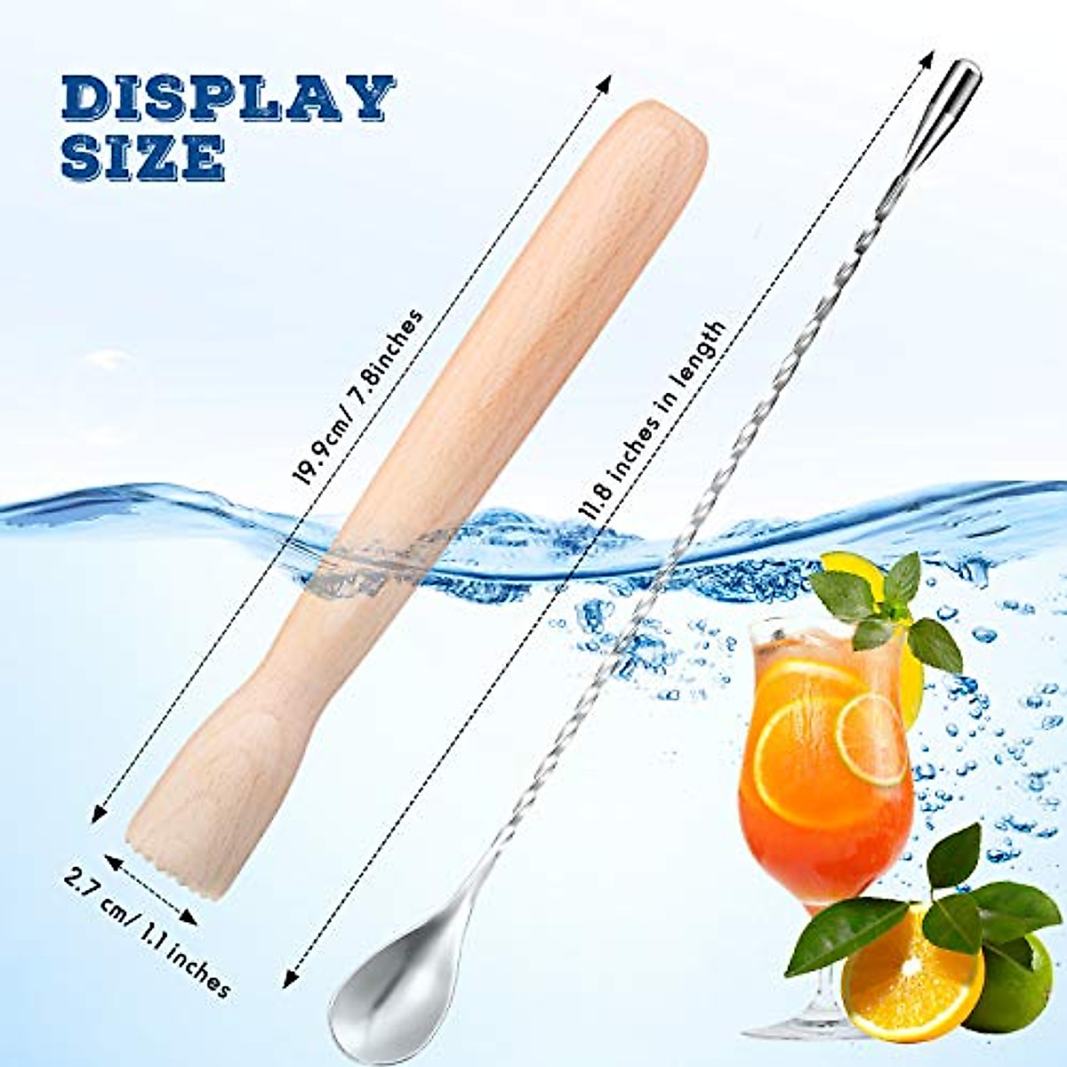 Wooden Cocktail Muddler Drinks Muddler Bar Muddler and 12 Inches Spiral Mixing Spoon Stainless Steel Shaker Spiral Spoon for Making Cocktails Drinks Juice (Simple Style)