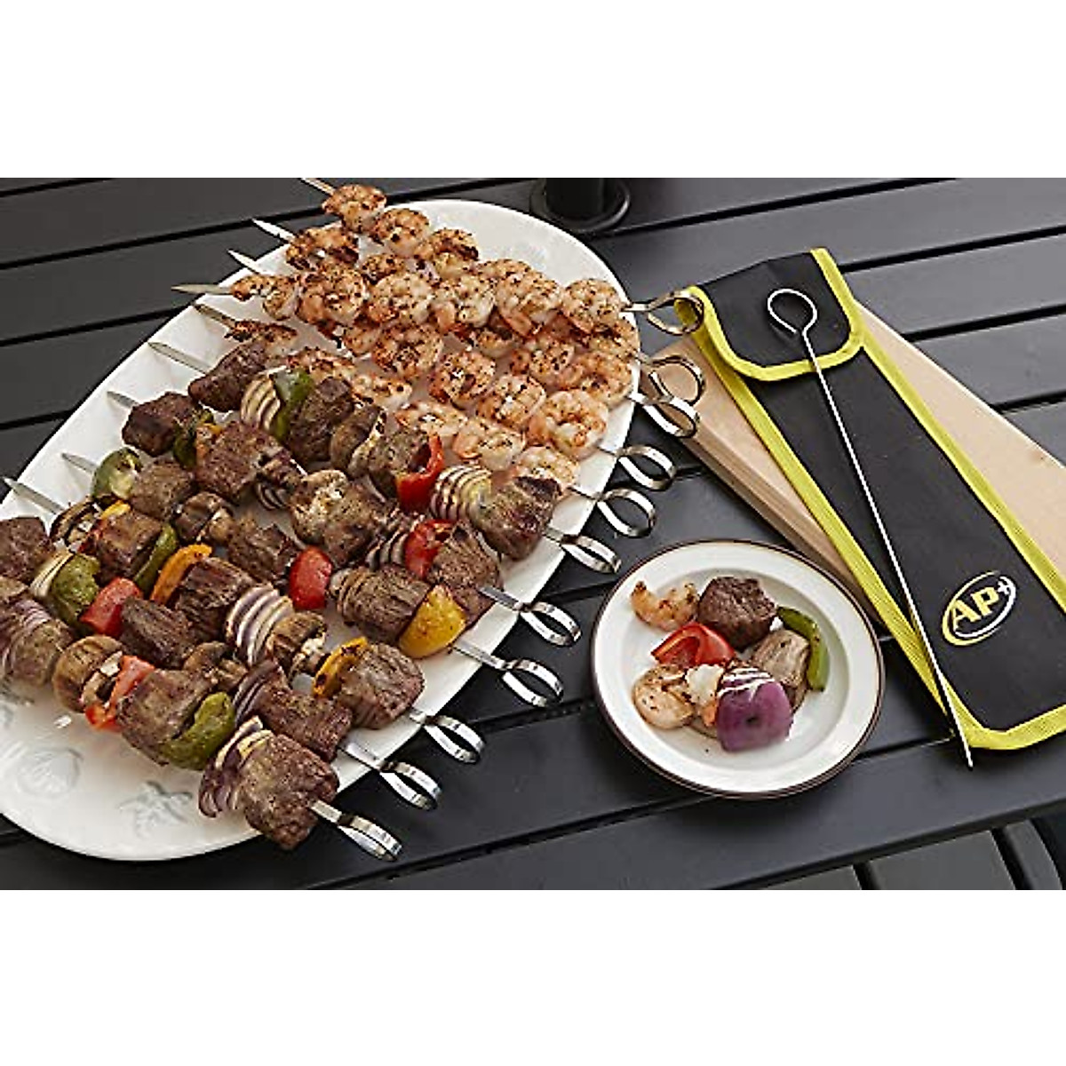 AP Plus Metal Kabob Skewers 12 Inch Long Stainless Steel Shish Grilling Sticks Wide Reusable Set for Meat Shrimp Chicken Vegetable, 12 Pack with Velcro Case