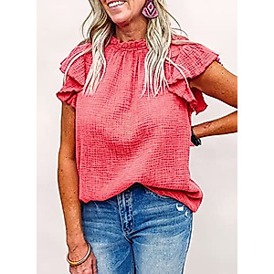 Dokotoo 2023 Stylish Ladies Tops and Blouses Solid Cotton Causal Crewneck Smocked Ruffle Short Sleeve Shirts Comfy Loose Fit Tunic Summer Sexy Tops for Women Rose M