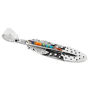 925 Sterling Silver Gemstone & Turquoise Feather Necklace (Pendant & 24" Chain) (Multi-00)