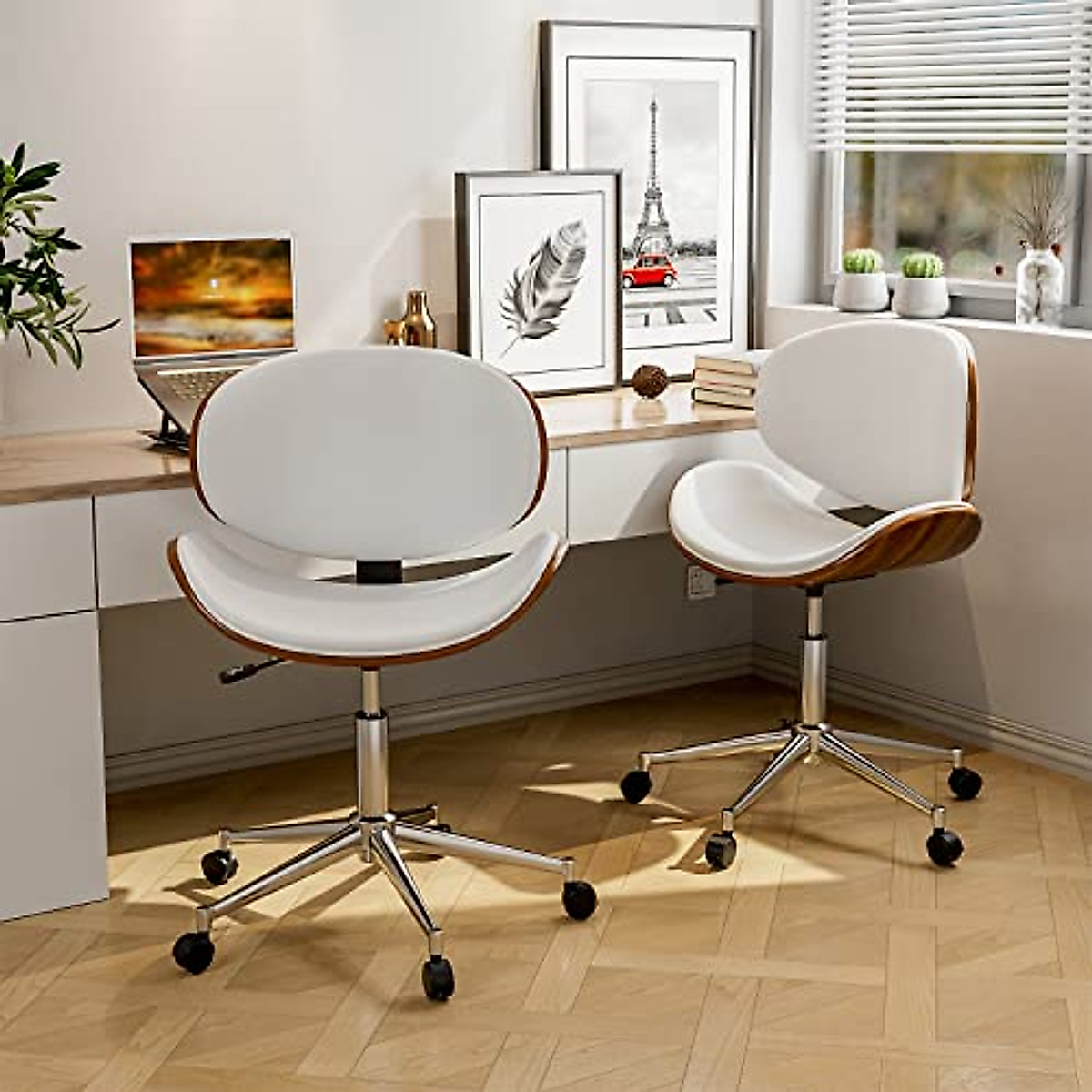 OKAKOPA White Desk Chair Small Office Chair 360° Swivel Height Adjustable Modern Office Chair Ergonomic Curved Wood Desk Chairs Leather Armless Desk Chair with Wheels (White with Wrap Edge)
