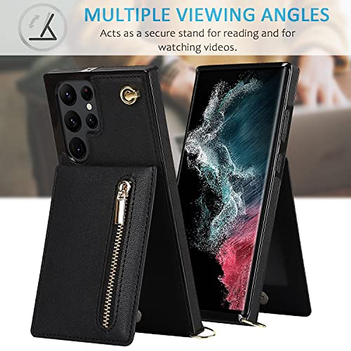 DEFBSC Wallet Case for Samsung Galaxy S22 Ultra,PU Lanyard Neck Strap Case with Kickstand Zipper Wallet Card Holder, Adjustable Detachable Necklace Phone Protective Back Cover-Black