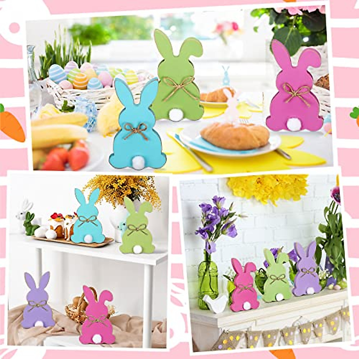 4 Pieces Easter Table Decorations Bunny Wooden Sign Spring Rabbit Wood Tabletop Block Freestanding Easter Tiered Tray Decor with Rope and Fluffy Tail Easter Decorations for Home Table Room Decor