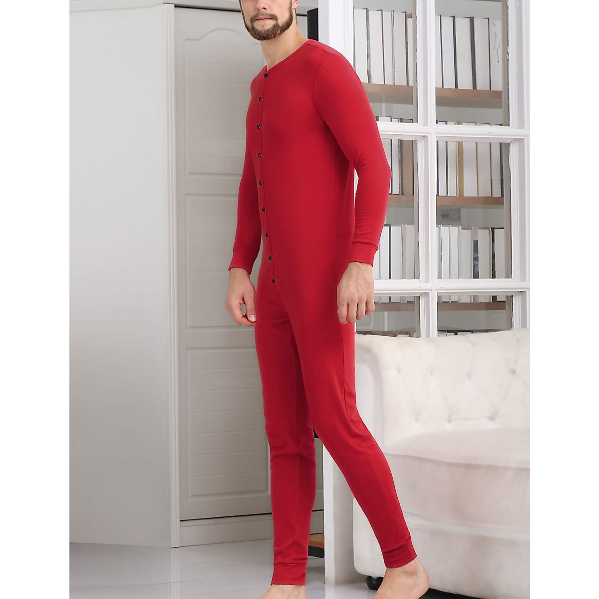 COLORFULLEAF Men's Cotton Thermal Underwear Union Suits Henley Onesies Base Layer (Red, XL)