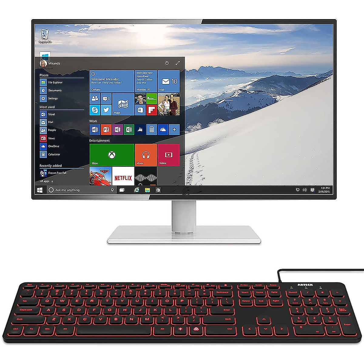 Arteck Backlit USB Wired Full Size Keyboard with Media Hotkey for PC and Laptop