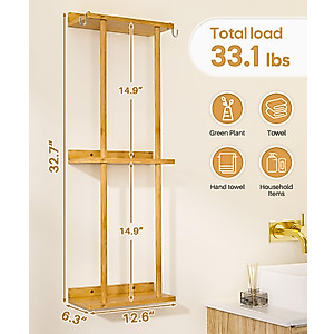 Cozivolife Towel Rack Bamboo for Bathroom, 3 Tier 32.7 inch with 2 Hooks and Shelf Wall Mounted Towel Storage Organizer Shelf, Large Capacity Towel Holder (Natural)