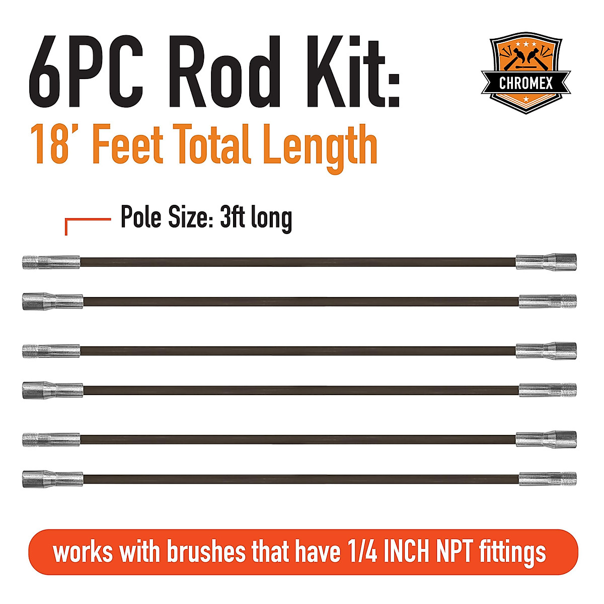 18-Foot Chimney Cleaning Kit - 6x3 Ft Fiberglass Rods, 6-Inch Premium Poly Brush, 1/4" NPT Fittings - Durable and Effective
