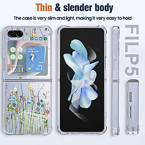 OOK Clear Design for Samsung Galaxy Z Flip 5 Case with Flower Clear Floral Phone Case Shockproof Hard PC Back Protective Cover for Women Girls Green Flower Case for Galaxy Z Flip 5 (wild-flowers)