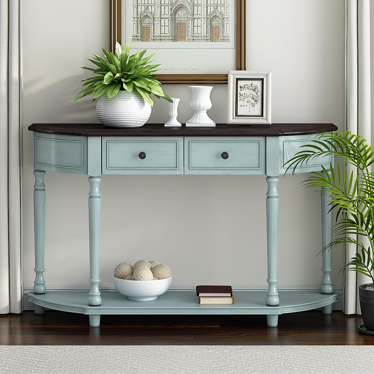 Retro Curved Design Console Table with Open Style Shelf, Solid Wooden Entryway Table Frame with Legs, 2 Top Drawers,Half Moon Shape Console Table for Hallway Living Room (Cherry + Antique Blue-01)