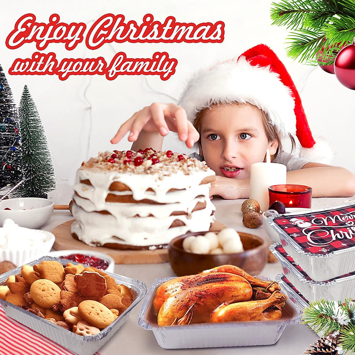 Tunpug 40 Pieces Christmas Foil Containers with Lids,9 Holiday Designs,7"x5"x2" Rectangular Treat Foil Containers,Disposable Cookie Tins Storage Pans for Winter Holiday Gift Giving Party Supplies