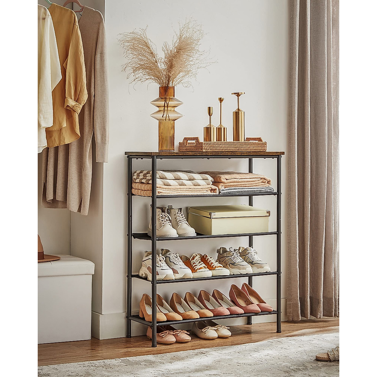 VASAGLE Shoe Rack 5 Tier, Narrow Shoe Organizer for Closet Entryway, with 4 Fabric Shelves and Top for Bags, Shoe Shelf, Steel Frame, Industrial, Rustic Brown and Black ULBS036B01