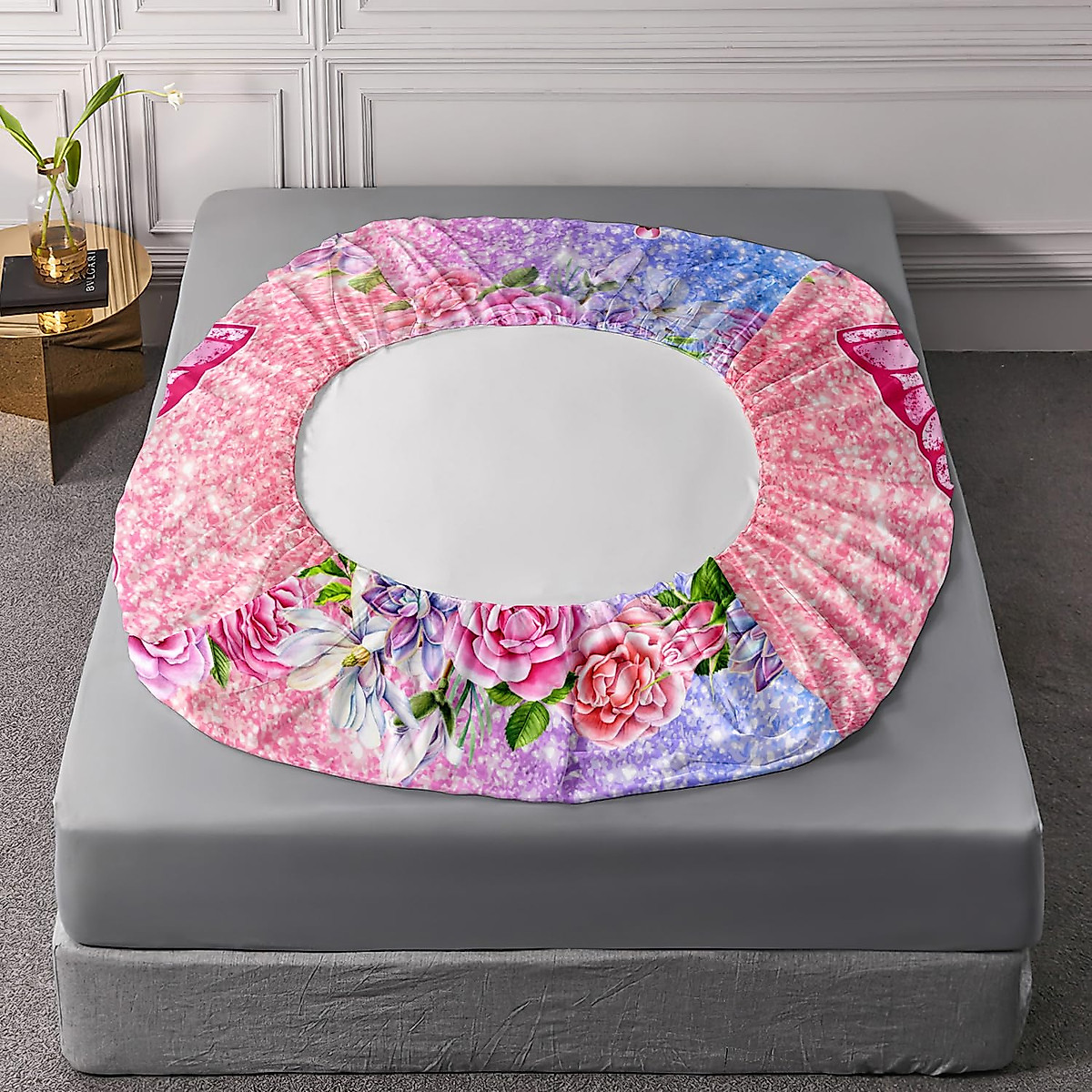 AILONEN Beautiful Butterfly Fitted Sheet Full Size, Sparkling Blue Pink Butterfly with Floral Bedding Set for Girls Women,Starry Theme Bed Sheet Set,3 Pieces,1 Fitted Sheet and 2 Pillowcases