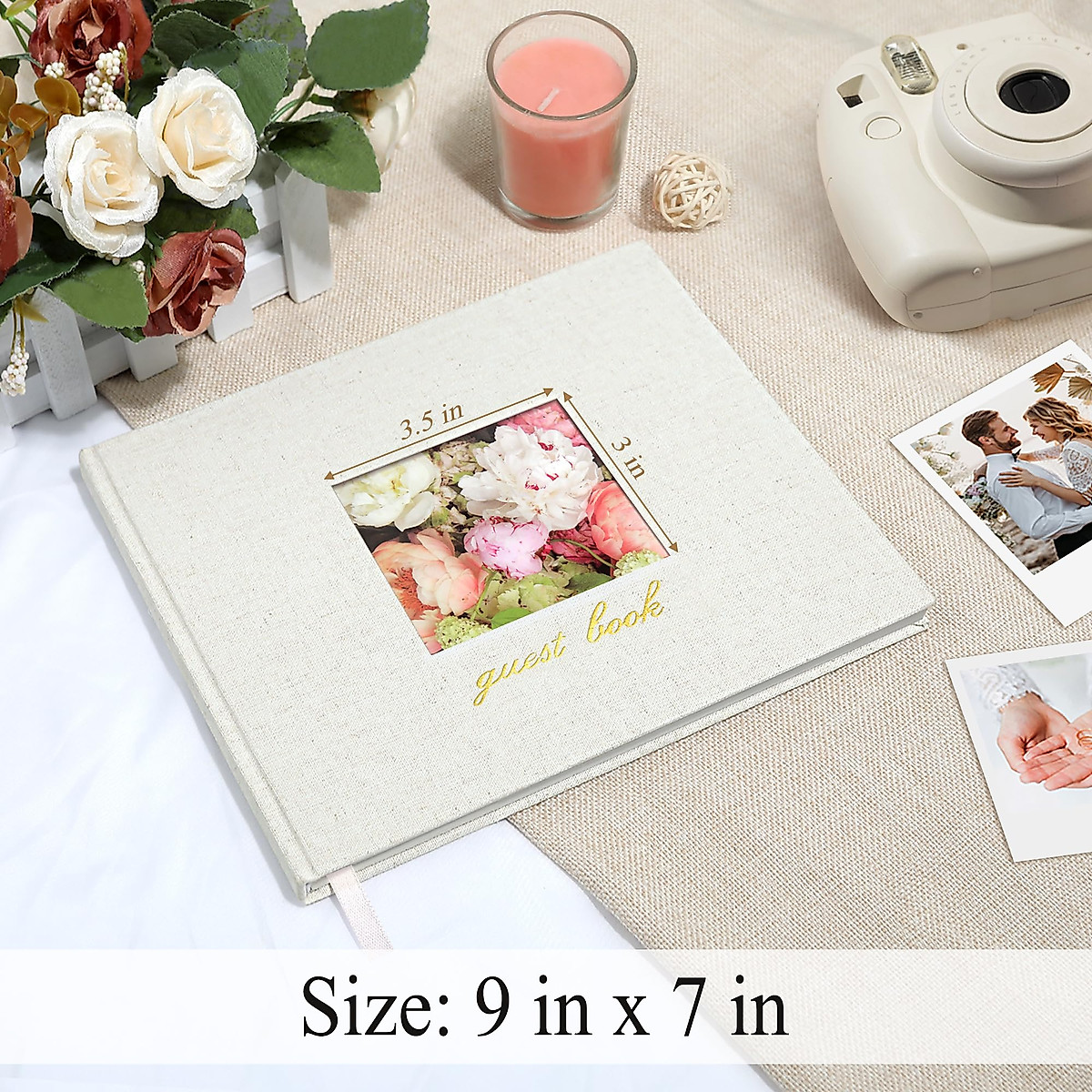SUNEE Wedding Guest Book - Polaroid Guest Book Weddings Reception, Linen Cover Elegant Guest Book for Baby Shower, Birthdays and Special Events, 100 Blank Pages for Wedding Sign in and Photos, Beige