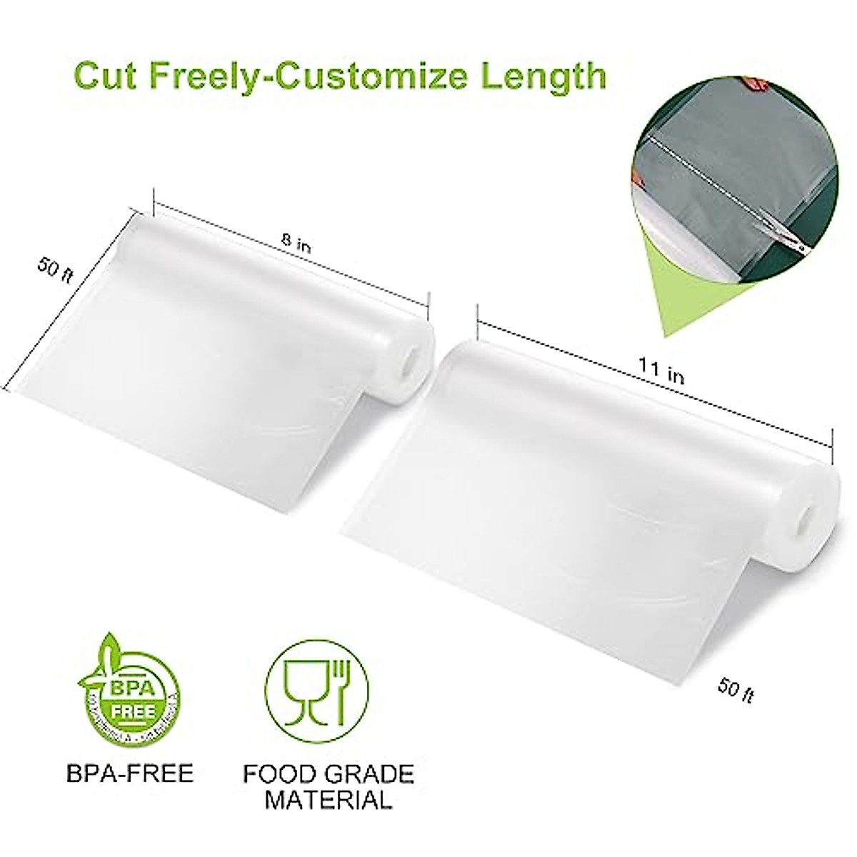 Bonsenkitchen Vacuum Food Sealer Rolls Bags, 8" x 50' & 11" x 50' Storage Bags, BPA Free, Durable Commercial Customized Size Food Bags for Food Storage and Sous Vide Cooking