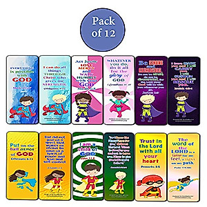 Religious Bookmarks for Kids - Super Hero (12 Pack) - Collection of Bible Verses for Kids - Stocking Stuffers Devotional Bible Study - Church Ministry Supplies Teacher Classroom Incentive Gifts