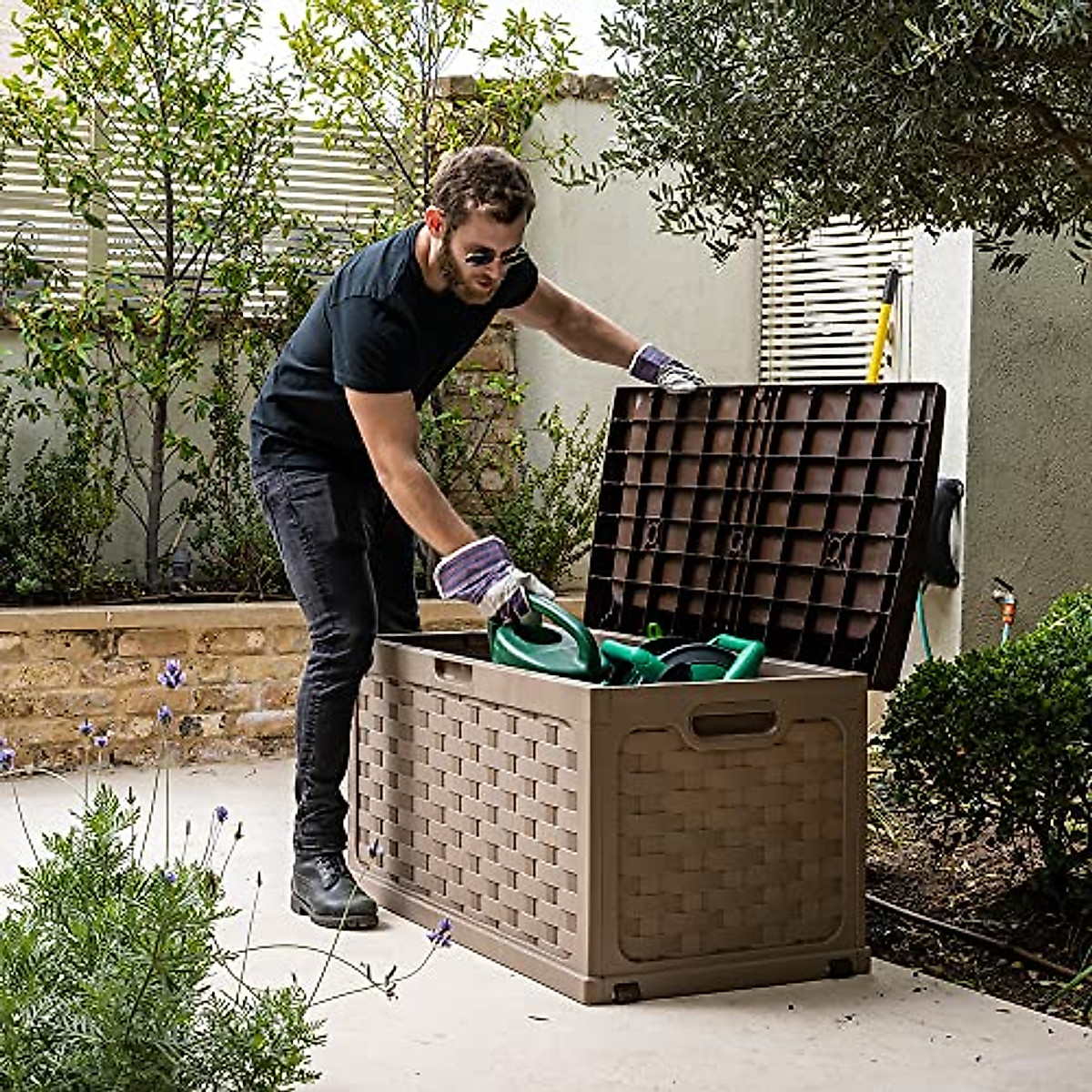 Starplast XXL Sit-On Rattan Style Storage Box: 167.5 Gallon Outdoor Plastic Bin, Weather & Water Resistant, 62.9 x 29.5 x 25 Inches, 2 Colors, 66-811