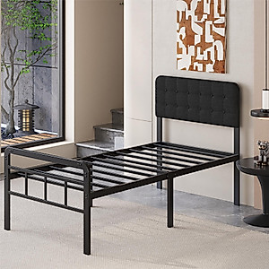 UUKING 18 Inch Twin XL Bed Frames with Black Upholstered Headboard and Metal Footboard