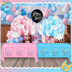 Panelee 51 Pcs Gender Reveal Party Decorations 54'' x 108'' Disposable Tablecloth 12'' Pink Blue White Latex Balloons 18'' Black Boy or Girl Balloons with 16.4ft Blue and Pink Ribbon for Party