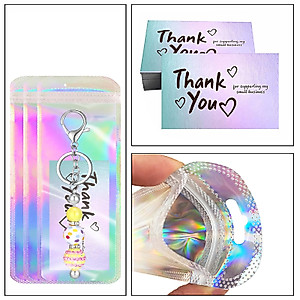 200 Counts Holographic Smell Proof Storage Bags with Thank You Cards,100Pcs Resealable Zipper Pouch Keychains Bag 3.3x6.3inch 100Pcs with Thank You Cards
