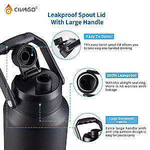 CIVAGO Gallon Insulated Water Bottle Jug with Handle, 128 oz Stainless Steel Sports Canteen, Large Metal Growler Mug, Black