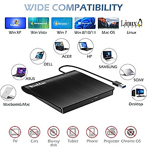 External CD/DVD Drive for Laptop USB 3.0 CD/DVD Player Portable CD DVD +/-RW Burner DVD/CD ROM Reader Rewriter Writer Disk Drive Compatible with Laptop Desktop PC Windows Apple Mac Pro MacBook Linux