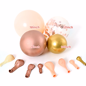 RUBFAC 143pcs Rose Gold Balloon Arch Kit Nude Pastel Pink Rose Gold Confetti Balloon Metallic Gold Balloon Garland for Baby Shower Birthday Wedding Bachelorette Party Decoration