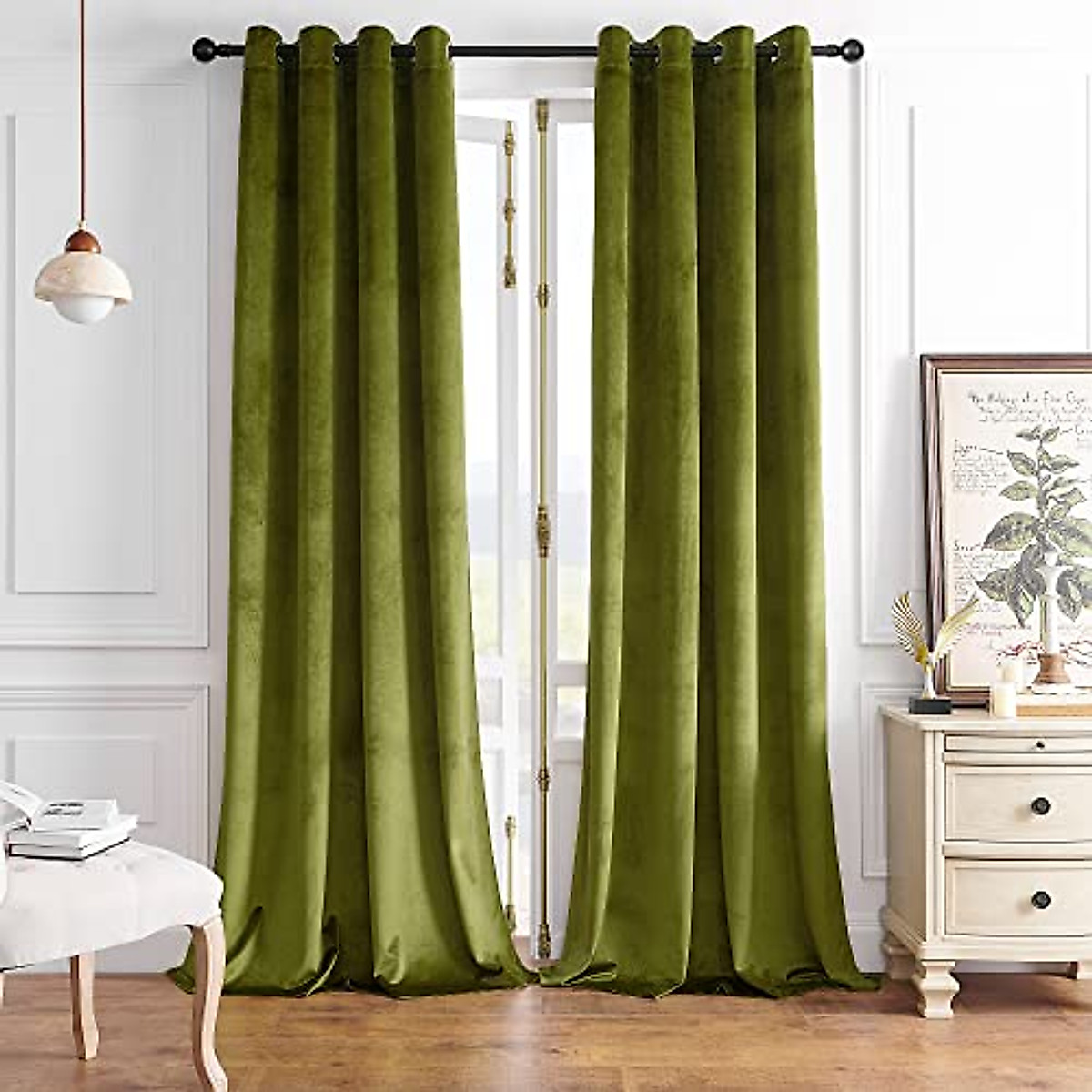 Timepr Olive Green 90 inches - Luxury Soft Velvet Curtains Light Filtering Privacy Thermal Insulated Grommet Backdrops for Living Room/Dining/Sliding/Glass Door, W52 x L90, Olive Green, 2 Panels
