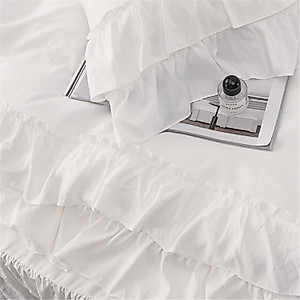 Soukach/SOUKECHY White Shabby Chic 3 Pieces Bedding,Vintage Ruffled Queen Duvet Cover Set with 2 Layers Ruffles,Soft Brushed Microfiber Set with Zipper Closure(Queen, White)