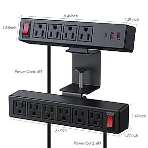 VILONG Desk Clamp Power Strip with USB, 2 in 1 Dual Layer Desktop Edge Power Strip, Removable Clamp Power Socket with 10AC Outlets & Switch, 6ft Extension Cord（Black）