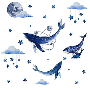 SUPERDANT Blue Whale Wall Stickers Night Sky Wall Decals Blue Clouds Animal Vinyl DIY Art Decor for Baby Nursery Children Bedroom Living Room Boy's Gift Wall Decor