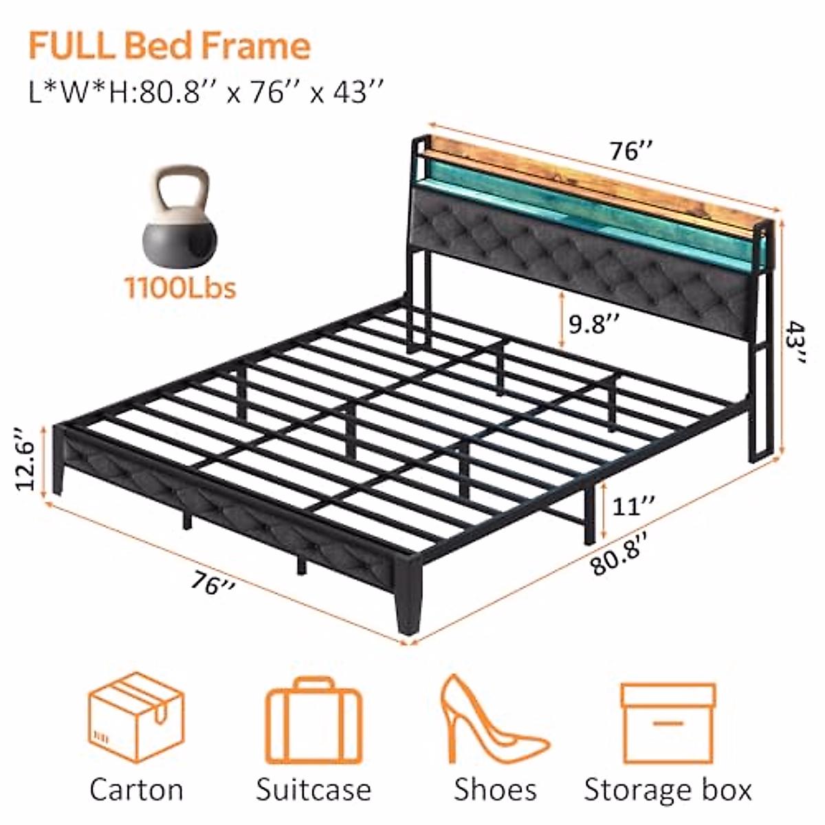 Winkalon King Bed Frame with Headboard, Bed Frame with Charging Station, Metal Platform Bed Frame King Size No Box Spring Needed, Modern Wood Upholstered Headboard and Under Bed Storage