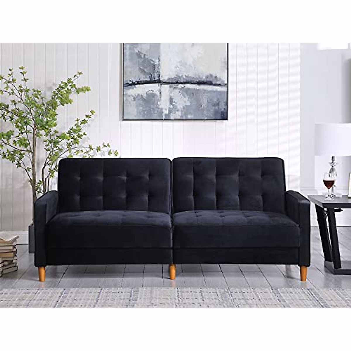 DHHU Adjustable Couch Sleeper Sectional, Loveseat for Living Room, Bedroom or Office, Modern Velvet Upholstered Sofa Bed, Black Color