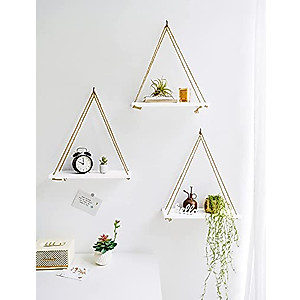 Mkono Wood Hanging Shelves for Wall Boho Decor Swing Rope Rustic Floating Shelf, Set of 3 Wall Display Shelving Home Organizer Rack for Living Room Bedroom Bathroom Kitchen,White