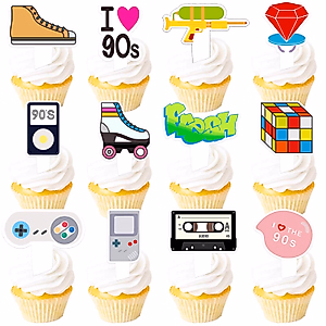 24pcs 90s Cupcake Topper 1990s Retro Theme Decor 90's Decade Throwback Party Decorations Supplies