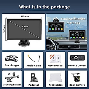 Hikity 7 Inch HD Portable Wireless Apple Carplay and Android Auto Screen, Bluetooth Car Stereo with Airplay Siri AUX USB FM Transmitter Backup Camera for All Vehicles