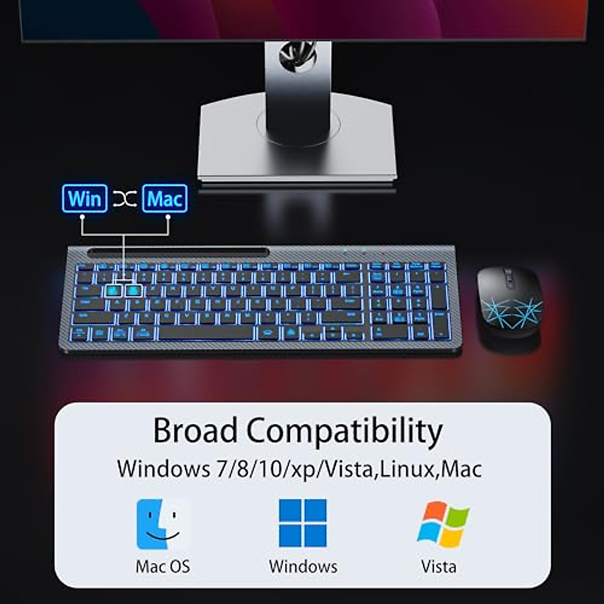 Wireless Keyboard and Mouse, Rechargeable, Adjustable 7 Color Backlight, Ergonomic, Quiet, with Phone Holder, 2.4G Stable Connection Slim Mac Keyboard and Mouse
