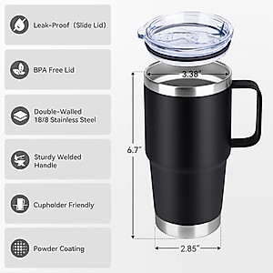 HASLE OUTFITTERS 20oz Tumbler with Lid, Stainless Steel Tumbler with Handle, Metal Insulated Travel Coffee Mug with Handle, Double Wall Vacuum Spill Proof Tumbler Cup, Black 1 Pack
