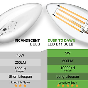 Eastiya Dusk to Dawn Outdoor LED Light Bulb, 5W Equivalent 40W, Candelabra B11 Light Bulb, 2700K Soft White, Edison LED Bulbs E12 Base, Lighting Sensor, Auto On/Off for Porch Patio Garage, 6 Pack