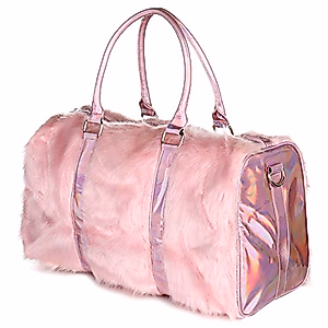 Risup Extra Large Laser Handbag Purse Fancy Duffel Bag 19in Faux Fur Bags for Travel and Overnight, Pink
