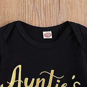 MAINESAKA Newborn Baby Girls 3pcs Outfit Set Auntie's Bestie Romper + Floral Pants Clothing Set(black + leopard 1,6-9 Months)