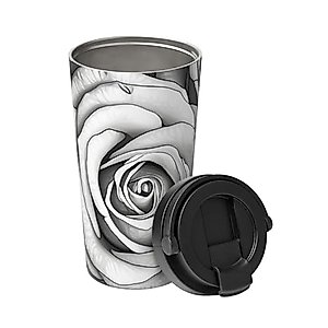 GTKSYNVE Reusable Coffee Mug with Lid and Handle, Black White Rose Tumbler for Hot & Cold Drinks 16oz Stainless Steel Insulated Coffee Tumblers Double Wall Vacuum Thermal Cup