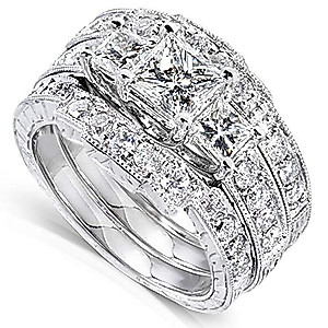 Kobelli Princess Diamond Wedding Ring Set 1 7/8 carats (ctw) in 14K White Gold (3 Piece Set), Size 8.5, White Gold