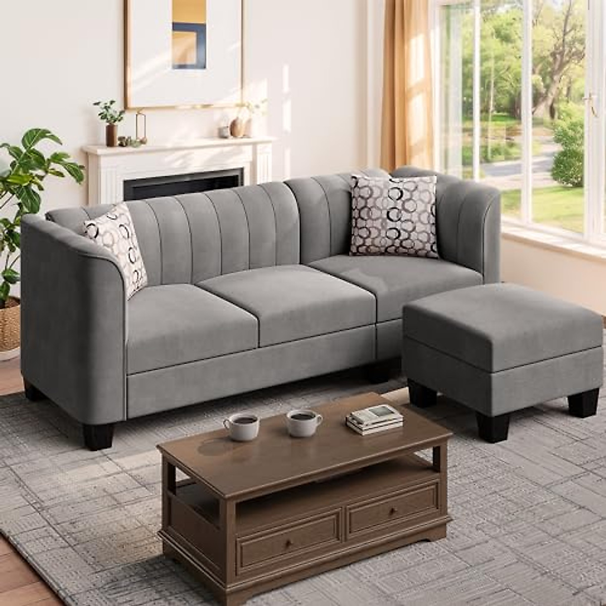 Shintenchi Upgraded Convertible Sectional Sofa Couch, 3 Seat L Shaped Sofa with High Armrest Linen Fabric Small Couch for Living Room, Apartment and Office (Grey)