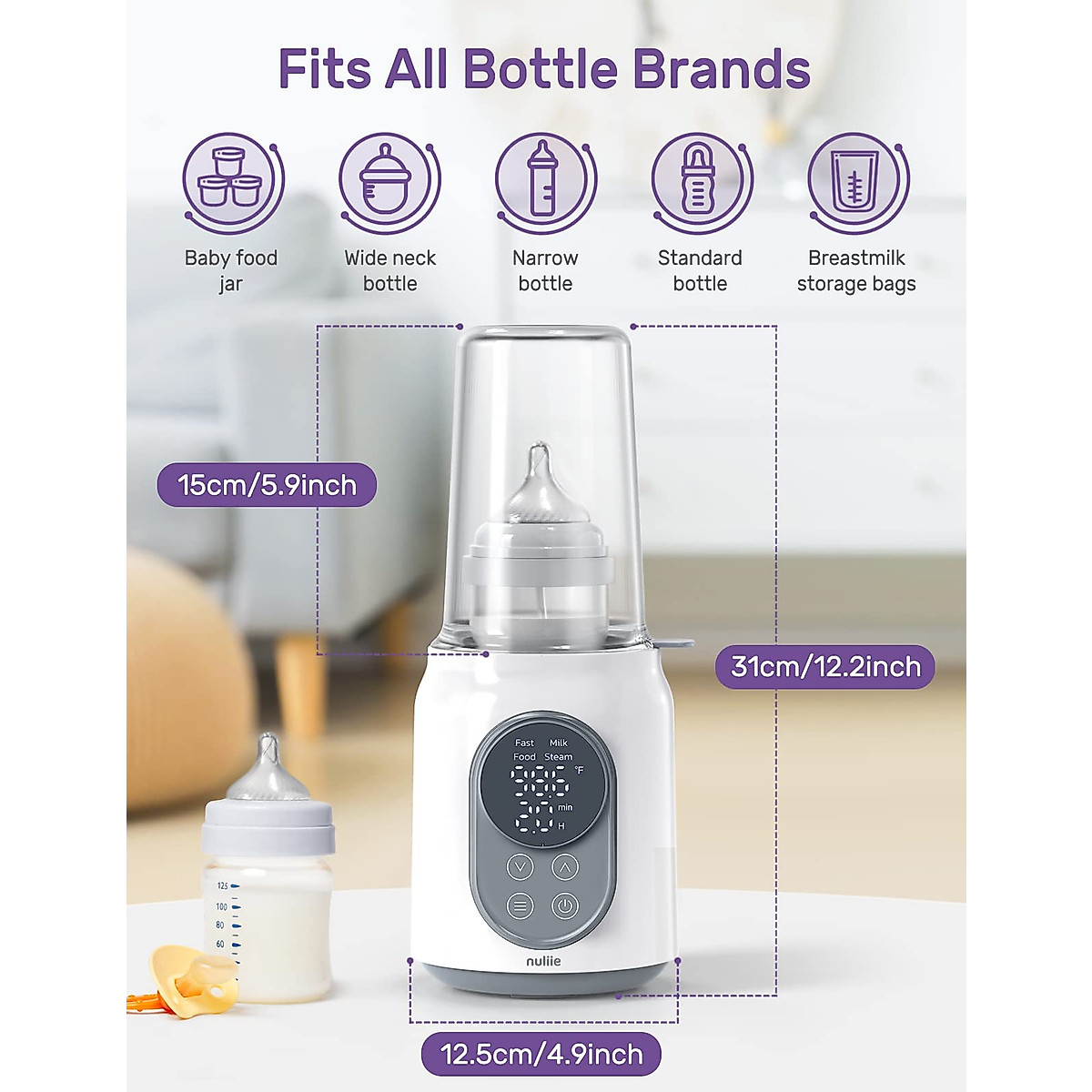 Nuliie Fast Bottle Warmer, 6-in-1 with Larger LCD Display Smart Temperature Control and Automatic Shut-Off, BPA Free Baby Bottle Warmer for Breastmilk or Formula