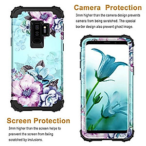 Casetego Compatible with Galaxy S9 Plus Case,Floral Three Layer Heavy Duty Hybrid Sturdy Shockproof Full Body Protective Case for Samsung Galaxy S9 Plus,Blue Flower