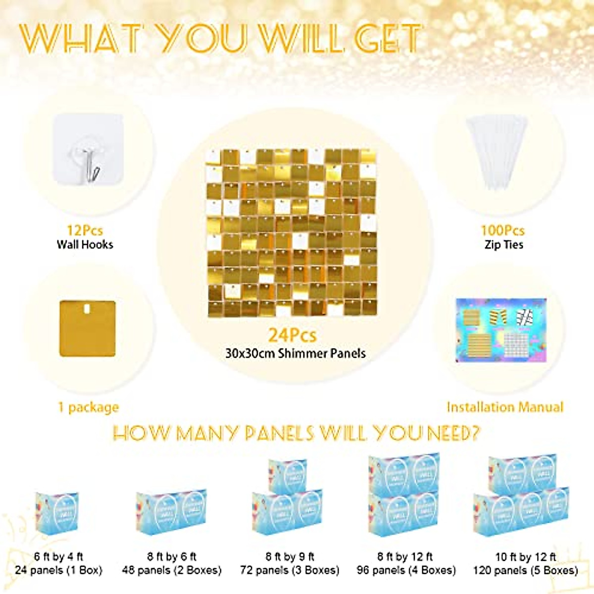 Gold Backdrop Shimmer Wall Backdrop Sequin Backdrop Pack of 24 Party Backdrop for Bridal Shower Birthday Decorations Bachelorette Party Supplies